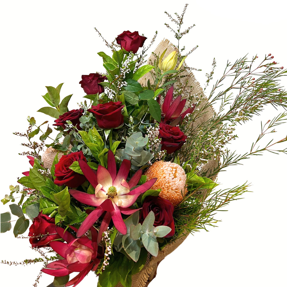 Australian Natives Posy with Red Roses | Flower Delivery Melbourne – Petalo